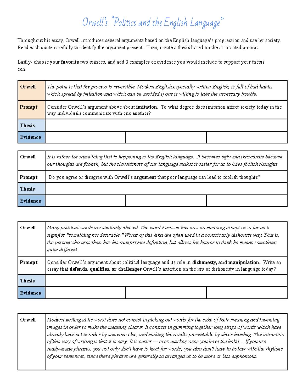 ENG 101 - Essay Notes on Argument and Thesis in Orwell - Studocu
