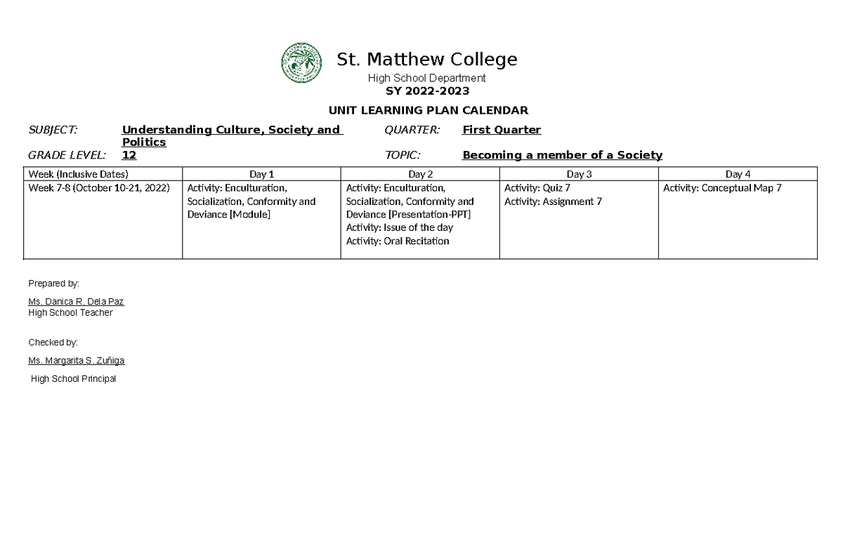 UCSP ULPC U4 - Unit Learning Plan Calendar - St. Matthew College High ...