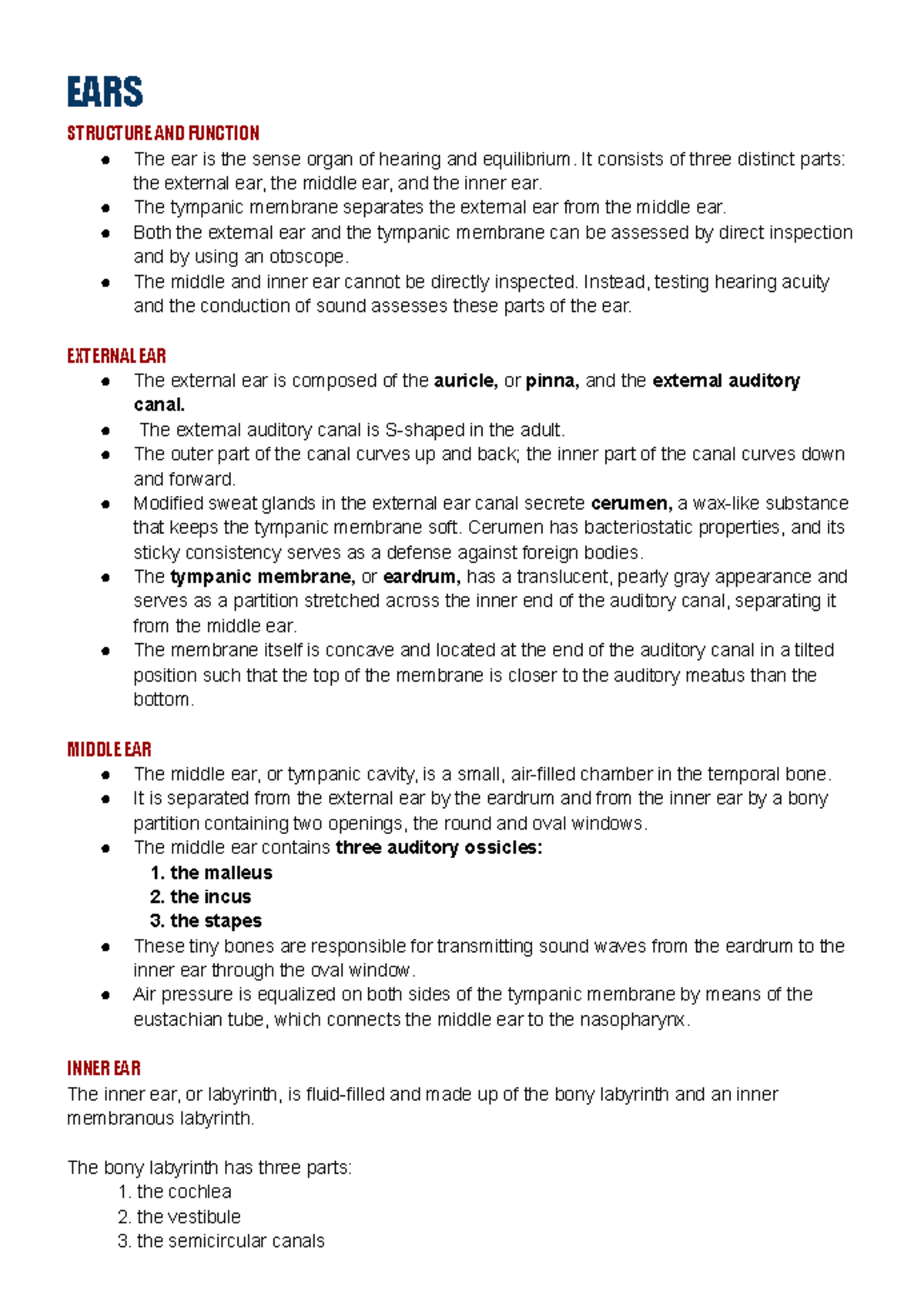 EARS 101: Structure and function of the ear and related anatomy - Studocu