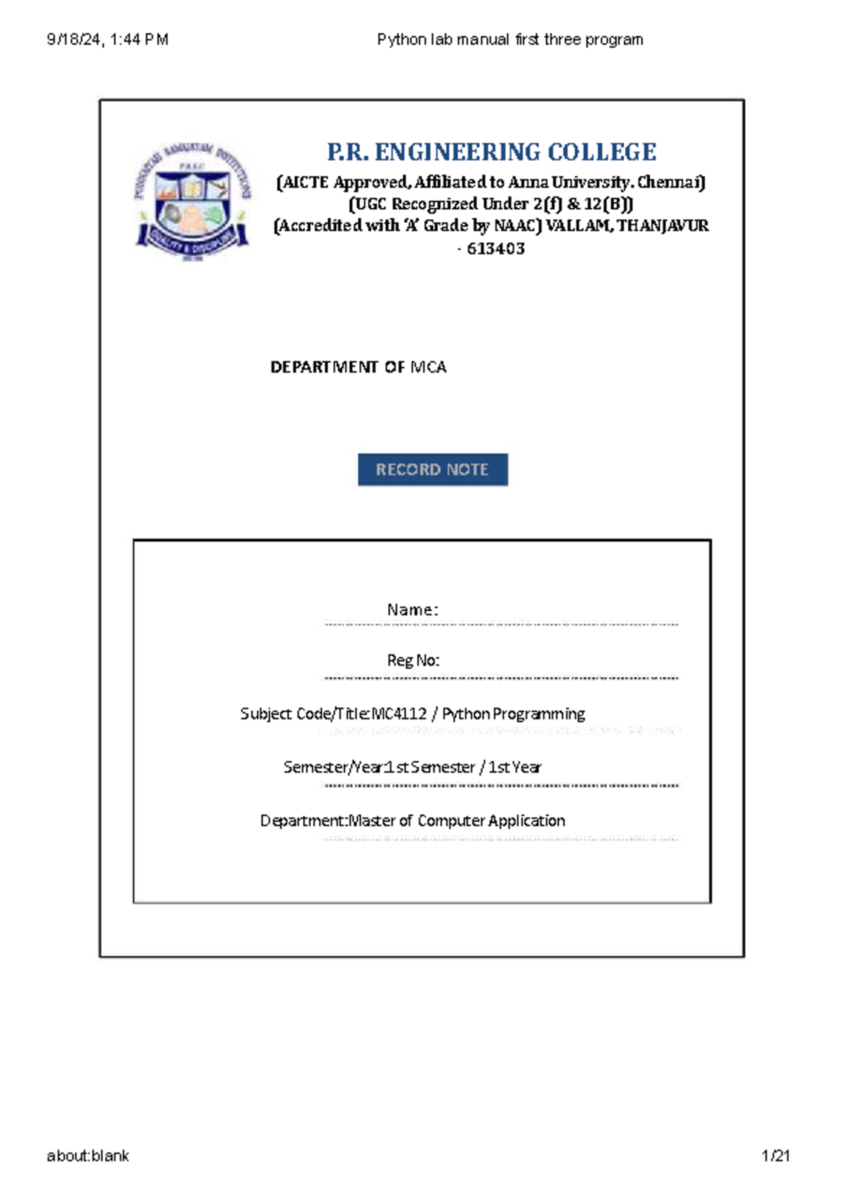 Python Lab Manual: First Three Programs (MC4112) - Studocu