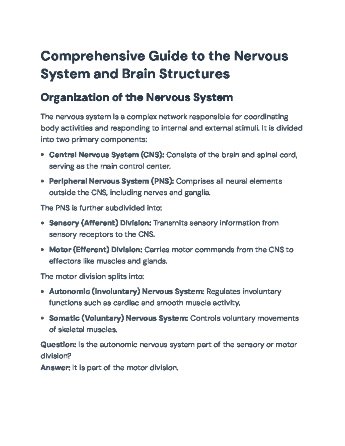 Comprehensive Overview of Nervous System Structures (BIO101) - Comprehensive Guide to the ...