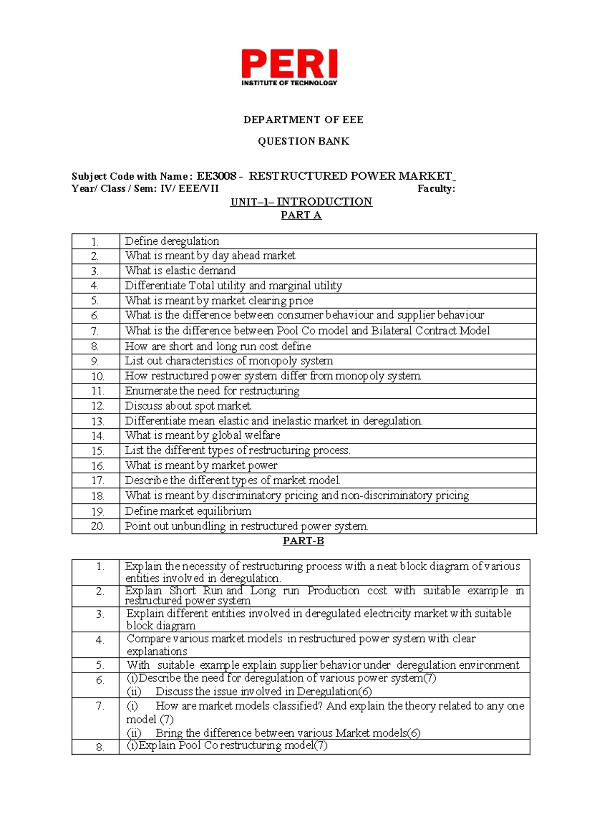 EE3008 - Restructured Power Market Question Bank for EEE Students - Studocu