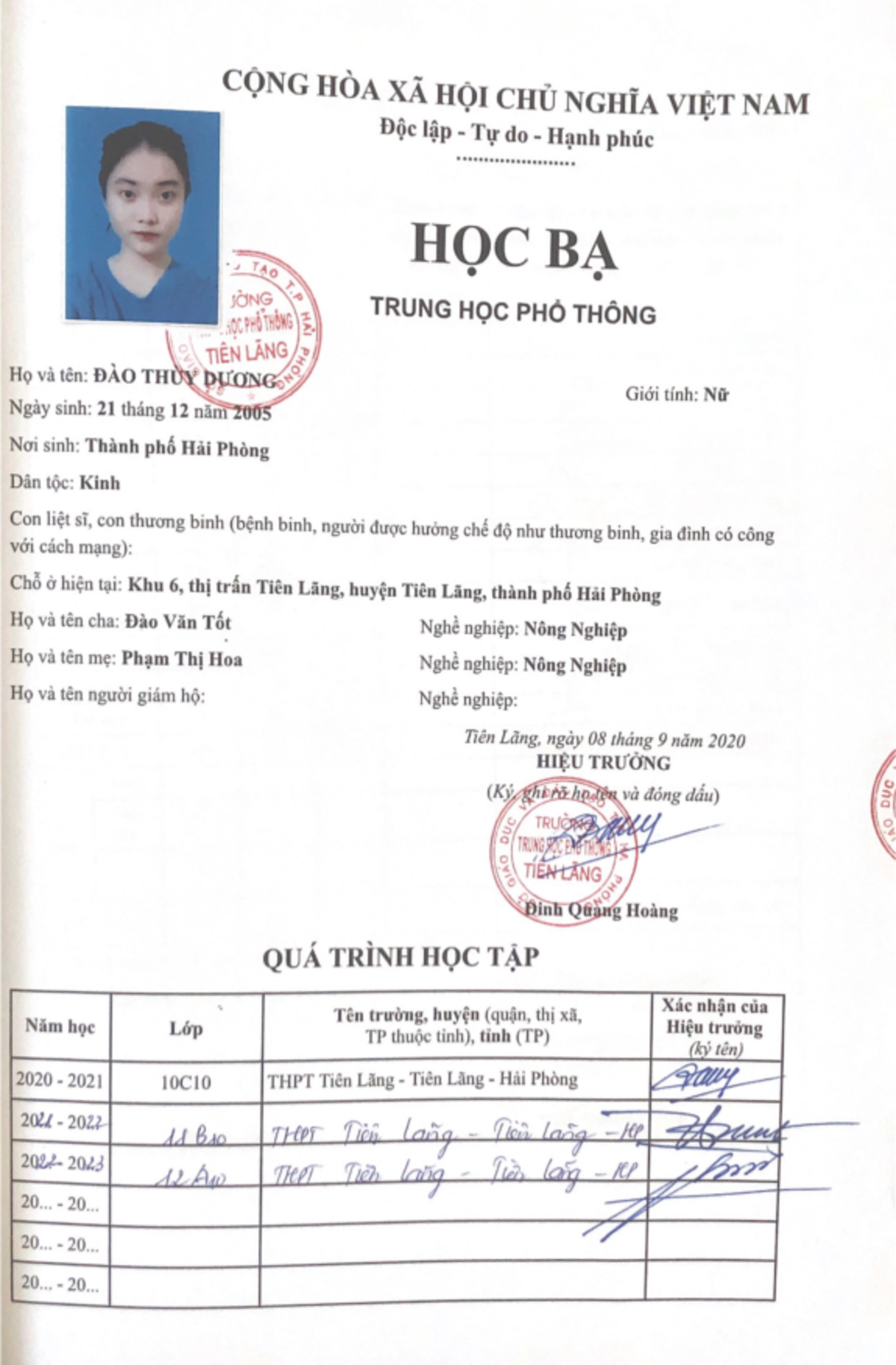 Khoahoctunhien Dao Thuy Duong 23000728 Bang Diem - CONG HOA XÃ HOI CHU ...