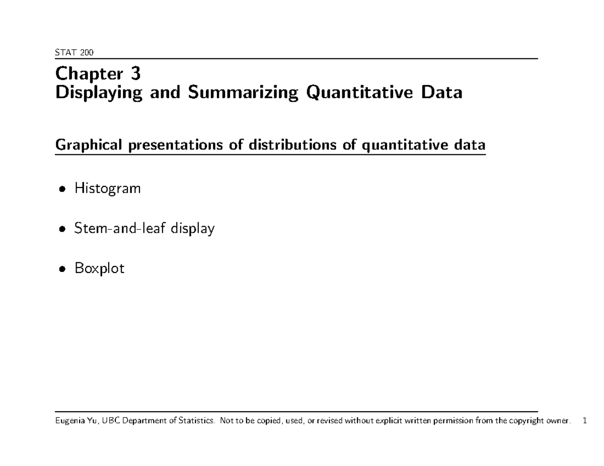 200ch3 slides - exam cheat sheet - Chapter 3 Displaying and Summarizing Quantitative Data ...