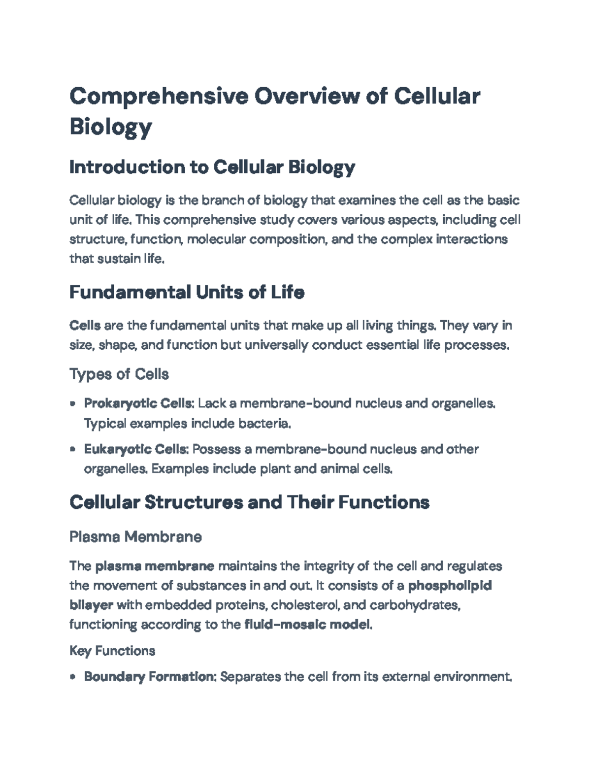 Comprehensive Cellular Biology Overview: Structures and Functions ...