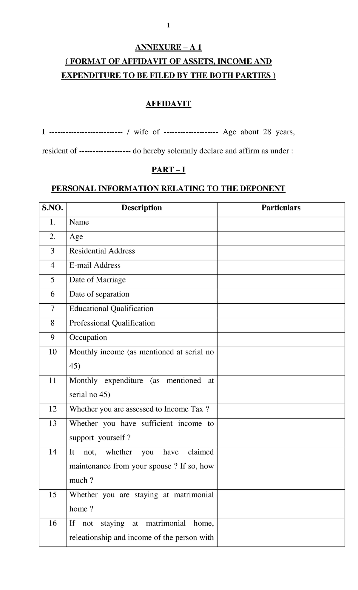 Affidavit of Assets, Income & Expenditure - Format (Annexure A1) - Studocu