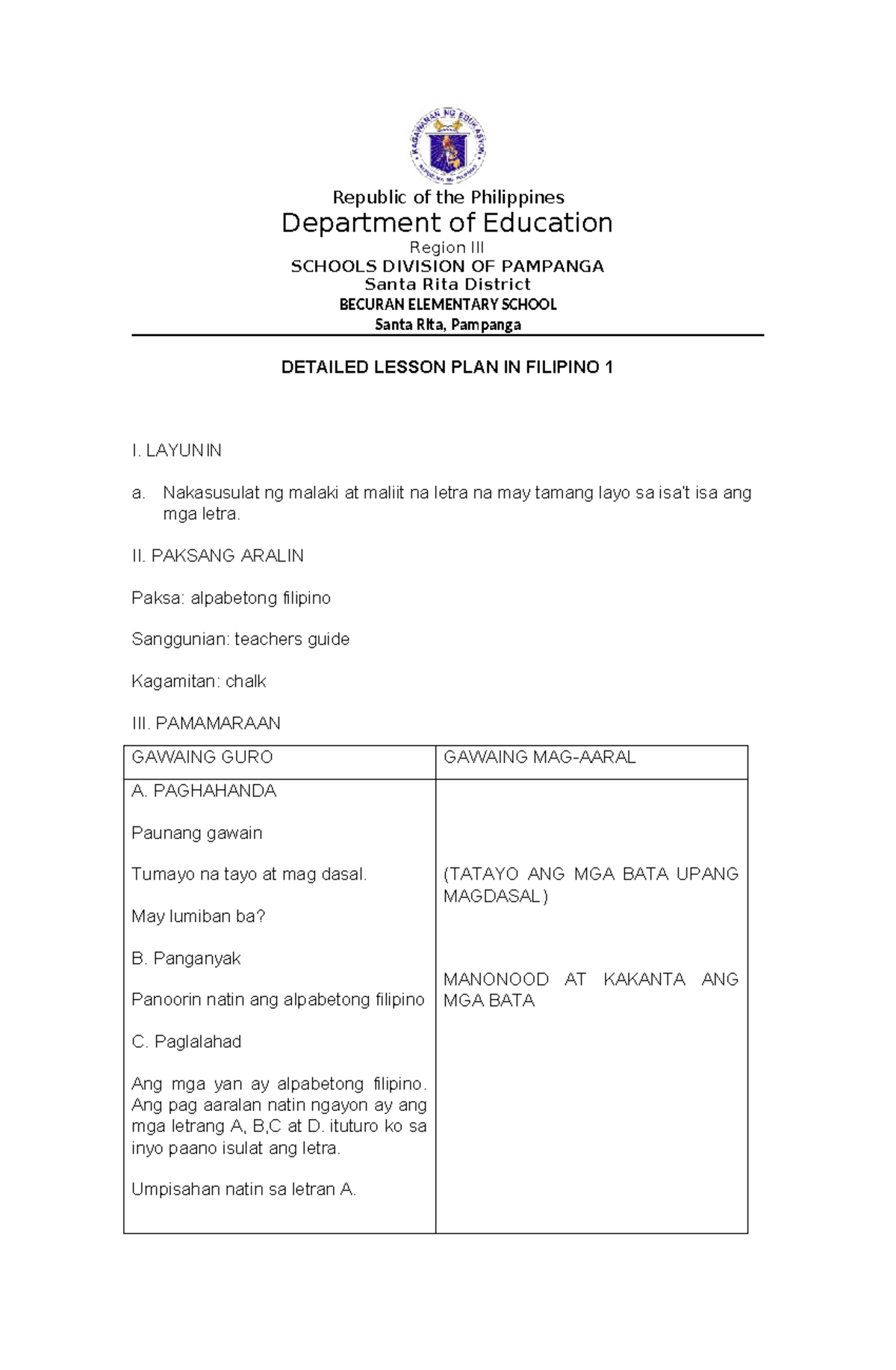 Filipino 1 - Detailed Lesson Plan on the Alphabet (DLP) - Studocu