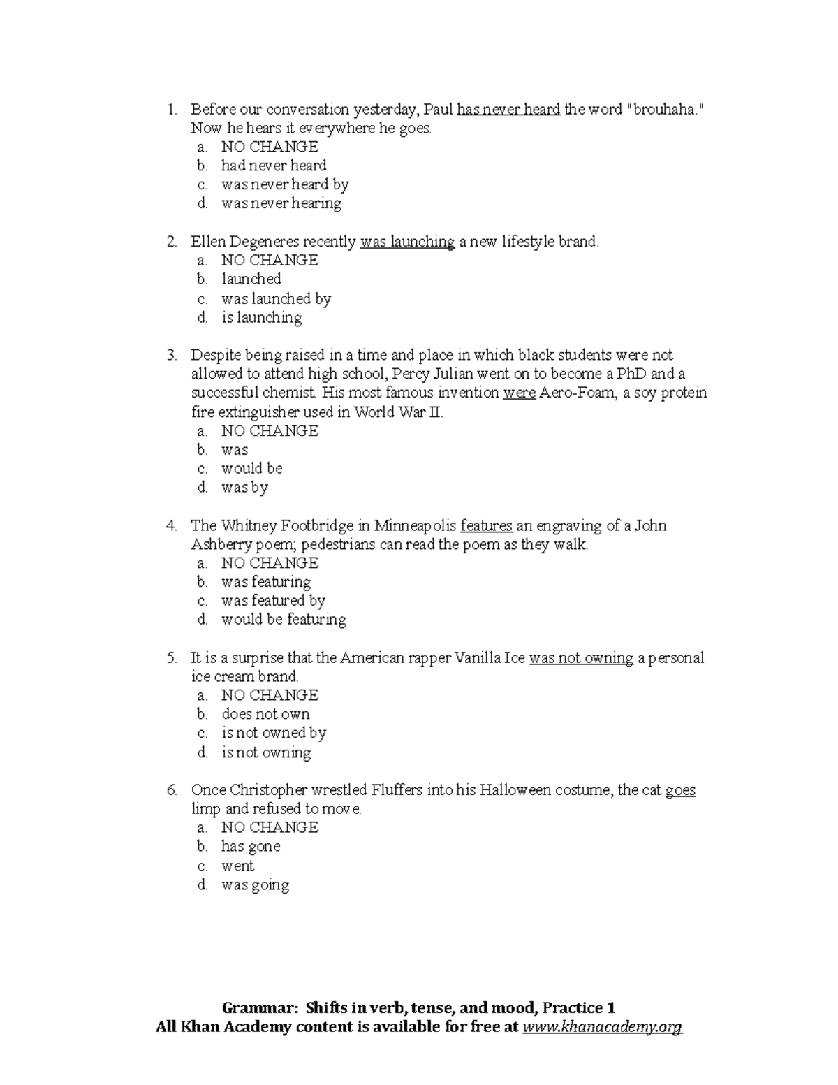 Grammar-Shifts in verb, tense, and mood, Practice 1 - Before our ...