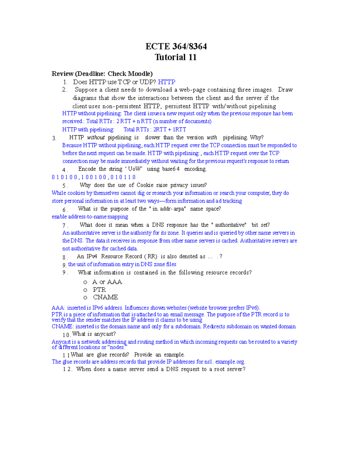 ECTE364 - Tutorial 11 Answers and Review Notes - Studocu