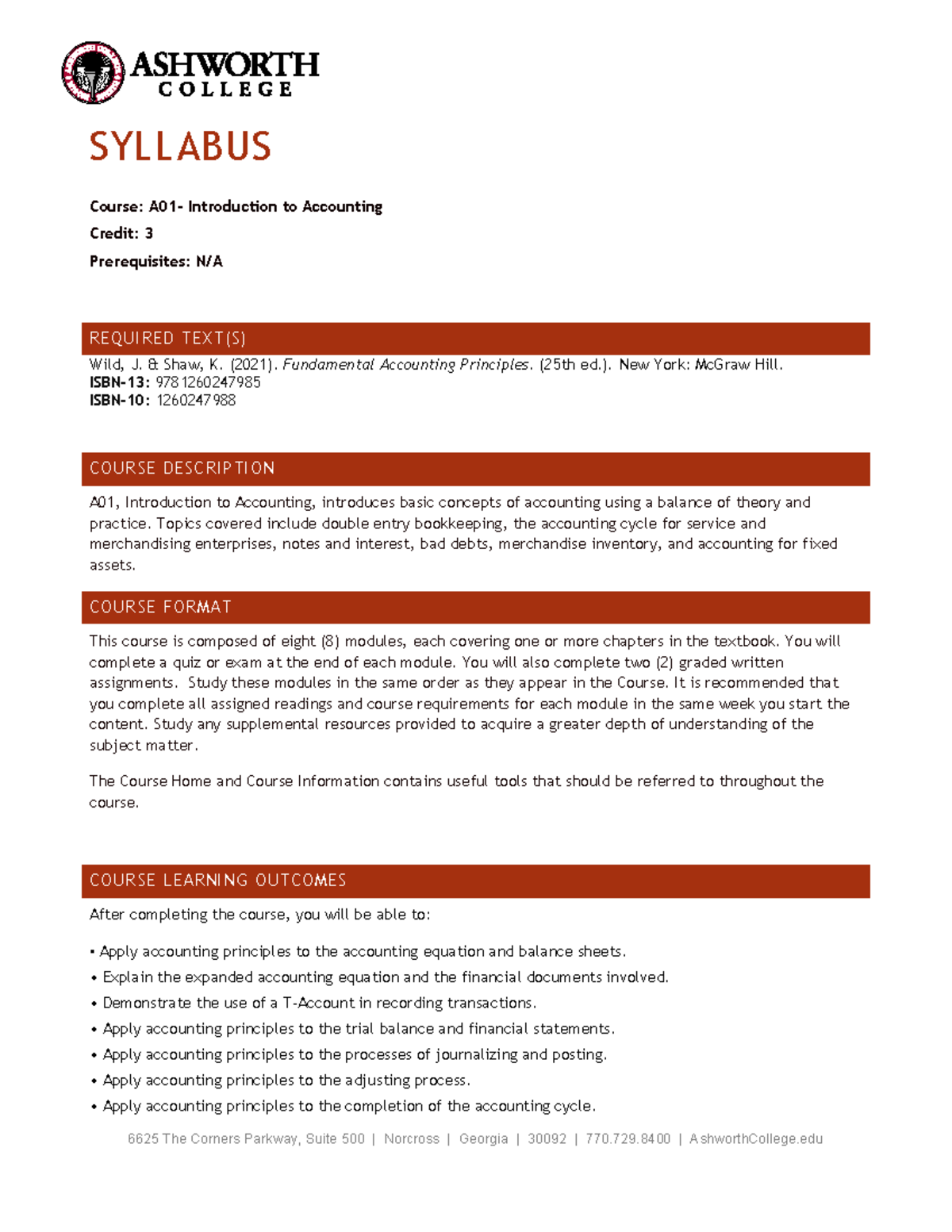 A01 Introduction to Accounting Syllabus and Course Overview - Studocu