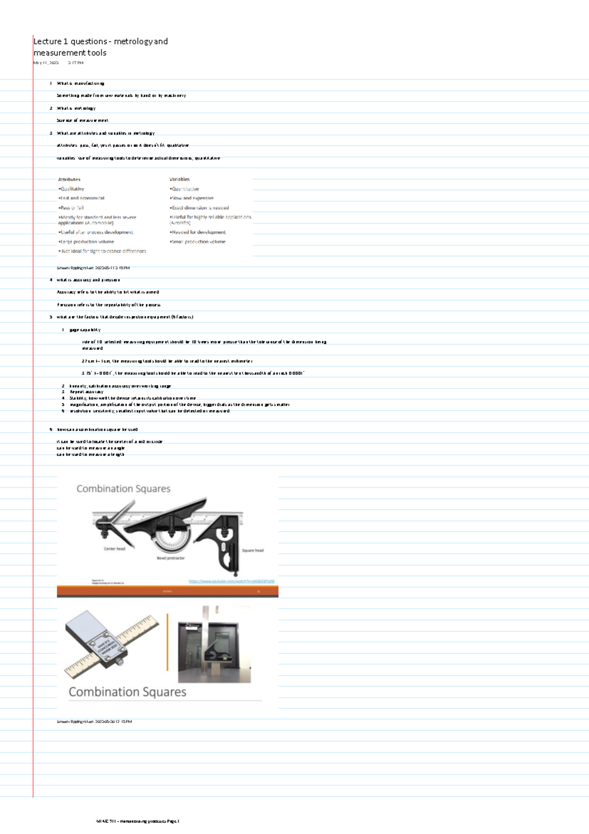 Lecture 1 Practice Questions: Metrology and Measurement Tools - Studocu