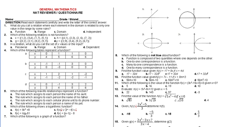 NAT 12 General Mathematics Reviewer Questionnaire - Studocu