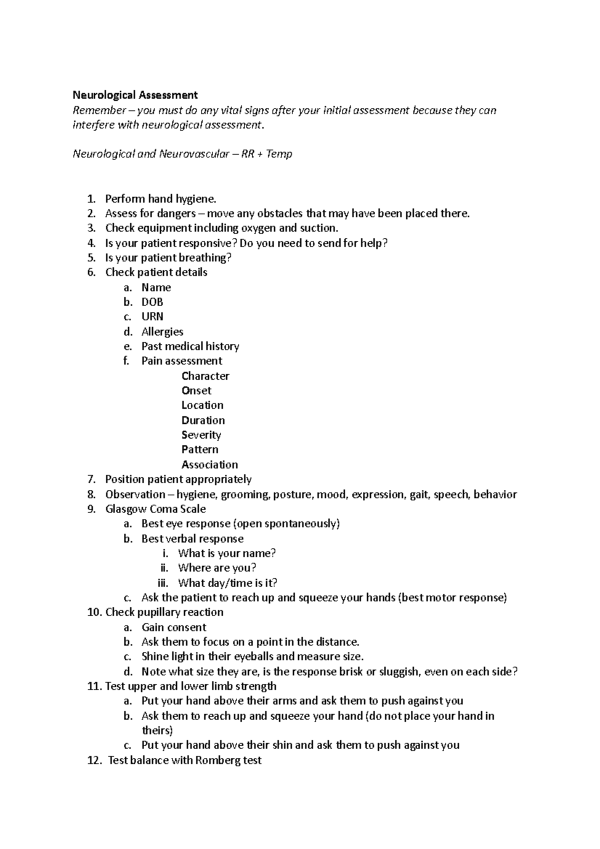 Focused Neurological & Cardiovascular Assessments Checklist - Studocu