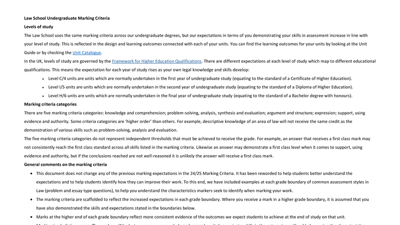 Law School UG Marking Criteria: Understanding Assessment Levels - Studocu