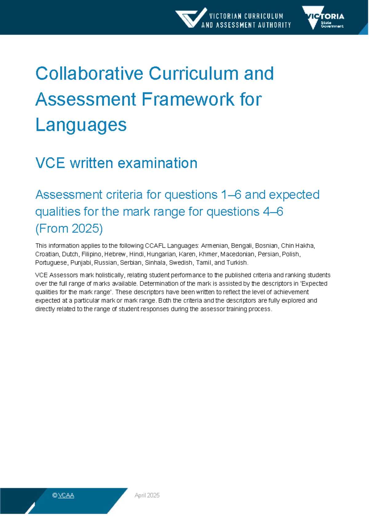 VCE CCAFL Written Exam Marking Guidelines (2025) - Studocu