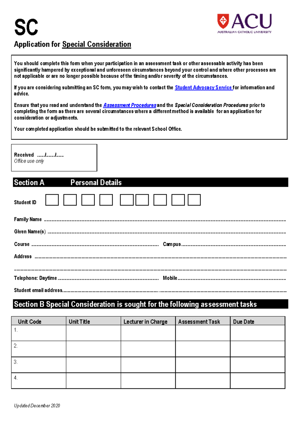 SC Application for Special Consideration Form Instructions and Details ...