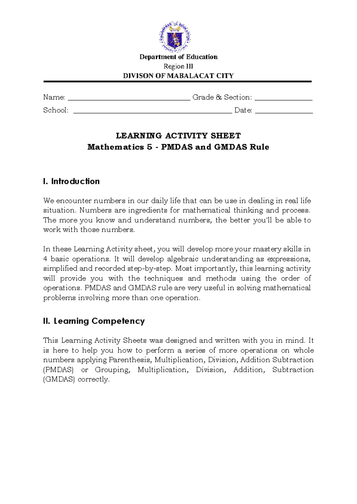 Mathematics 5 Learning Activity Sheet: Understanding PMDAS & GMDAS ...