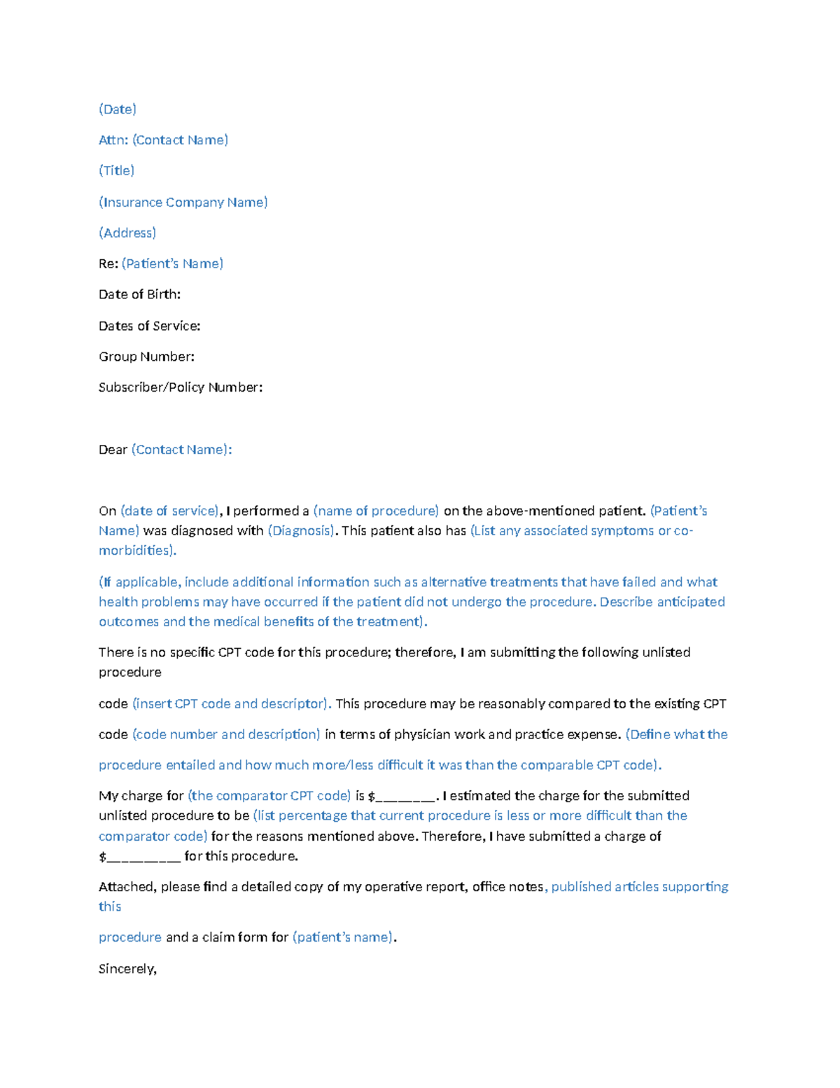 Sample Coding Letter for Unlisted Procedure (Patient's Claim) - Studocu