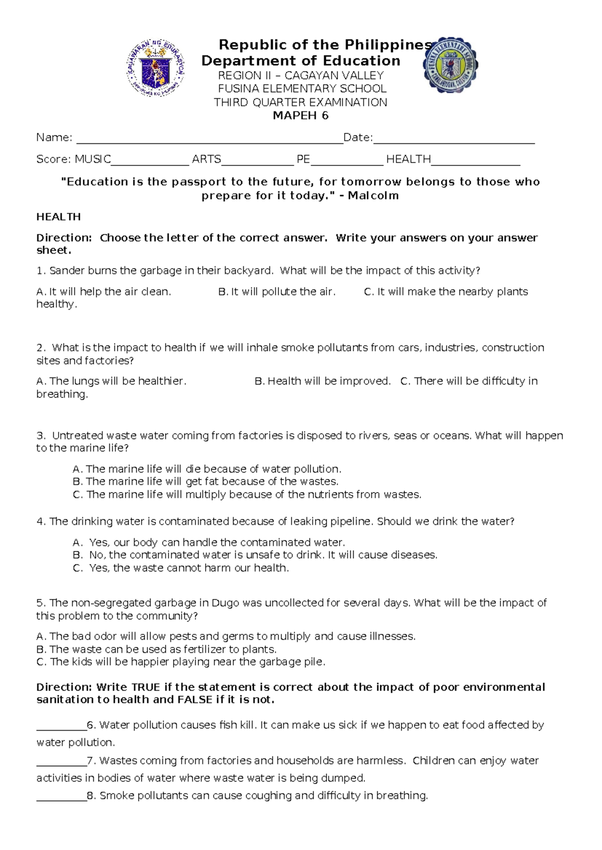 PT MAPEH 6 Third Quarter Examination Review & Answer Sheet - Studocu