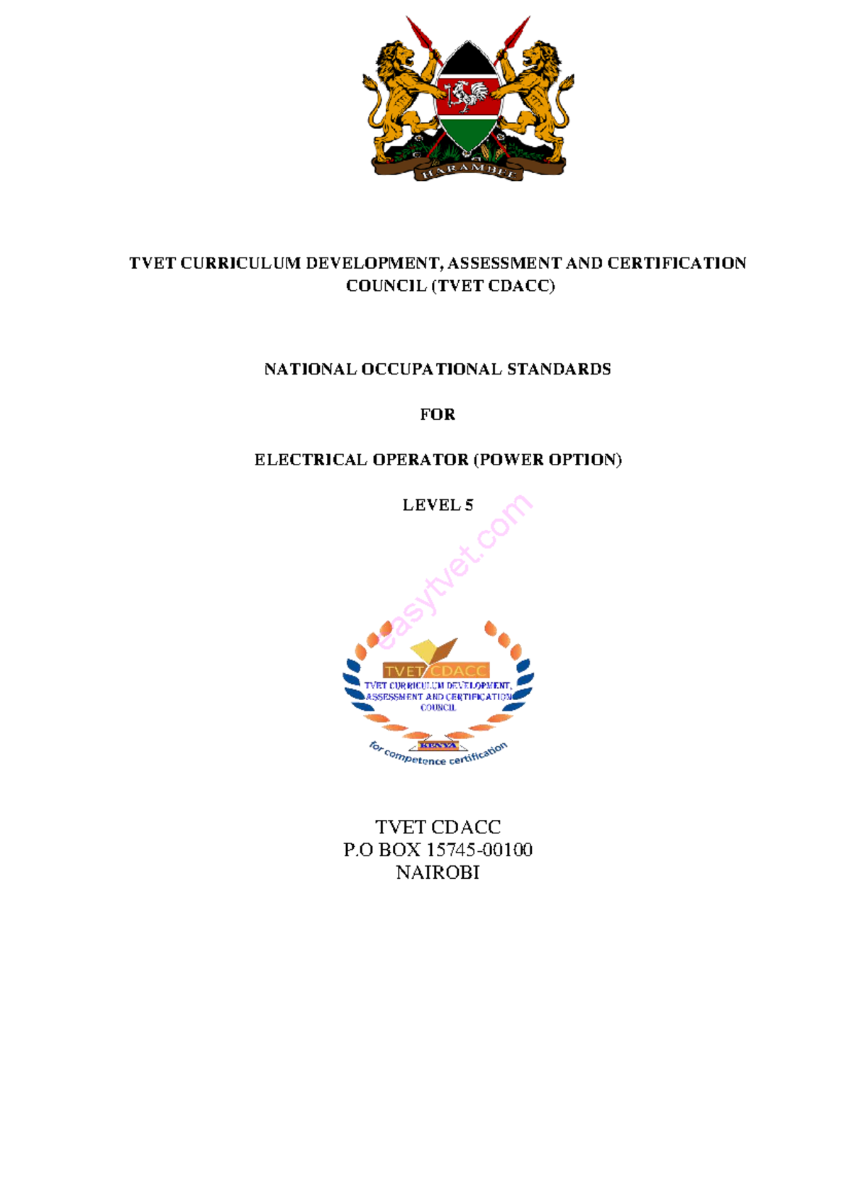 TVET CDACC Level 5 Occupational Standards for Electrical Operators ...