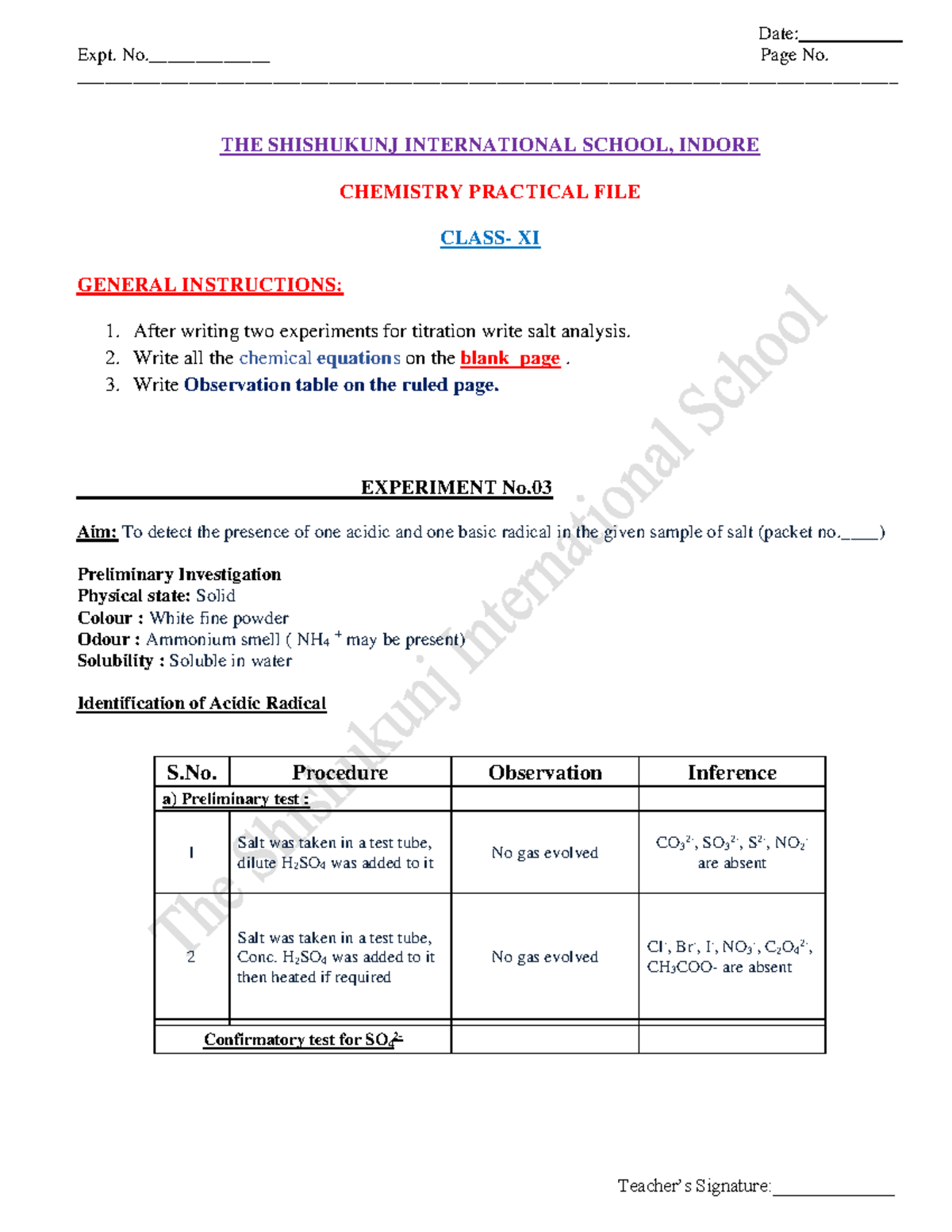 Salt Analysis Practical File for Class XI - Chemistry Lab Guide - Studocu