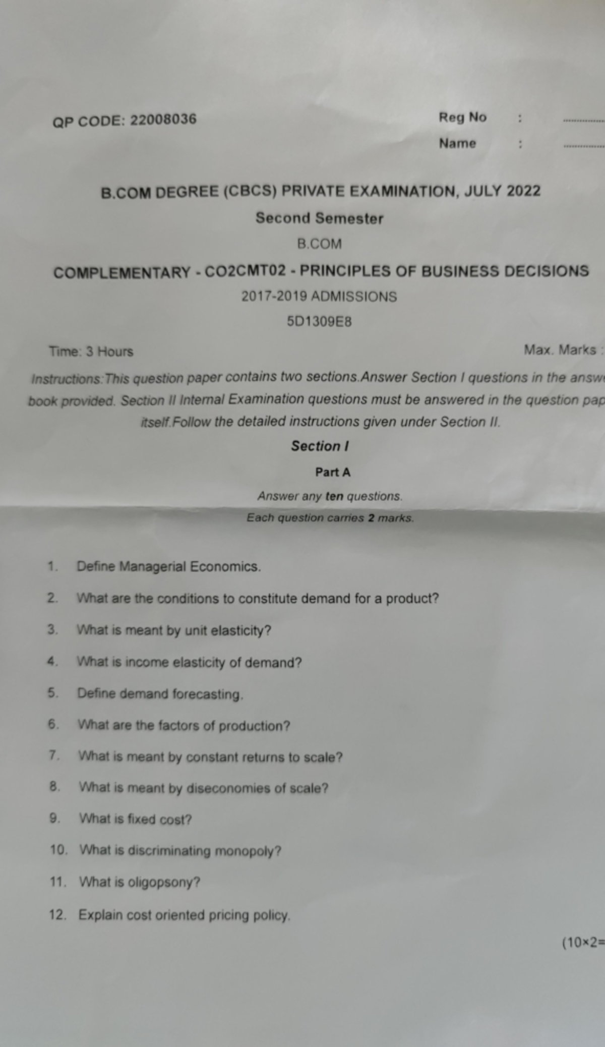 PBD- Private Question Paper-2022 - Principles of Business Decision ...