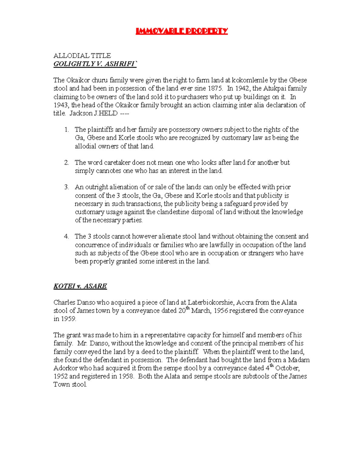 Land law - BRIEF NOTES ON LAND LAW LECTURES, CASES AND STATUTORY ...