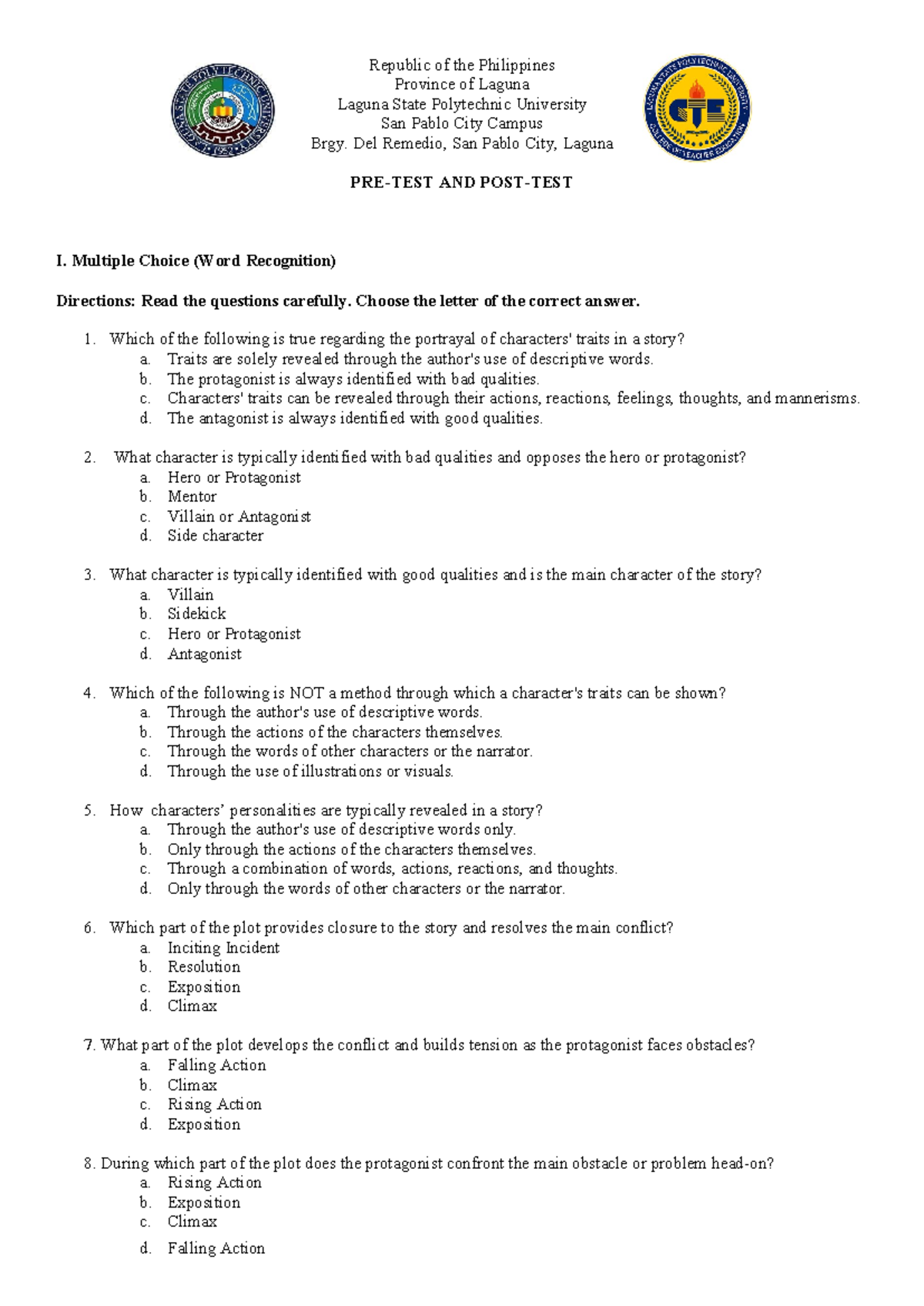 POST & PRE TEST - Sample Questionnaire on Literary Elements and ...