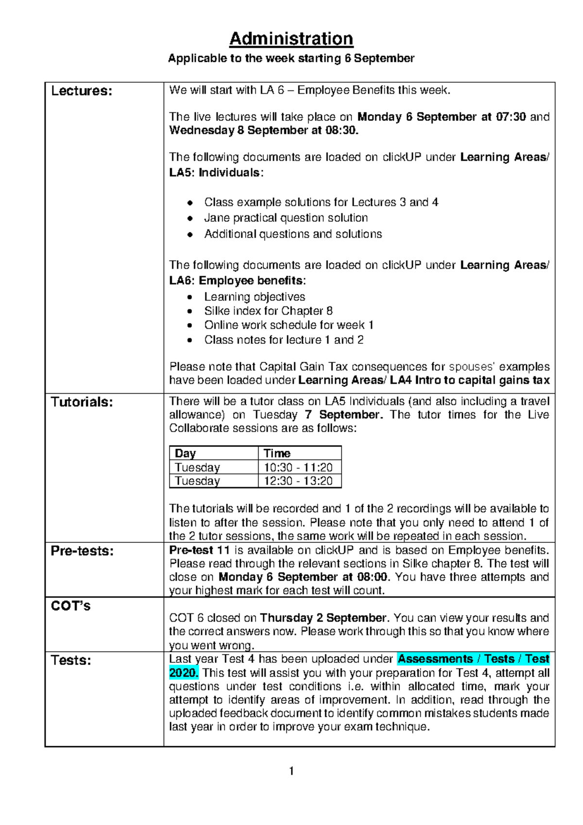 Week commencing 6 September Admin Document - 1 Administration ...