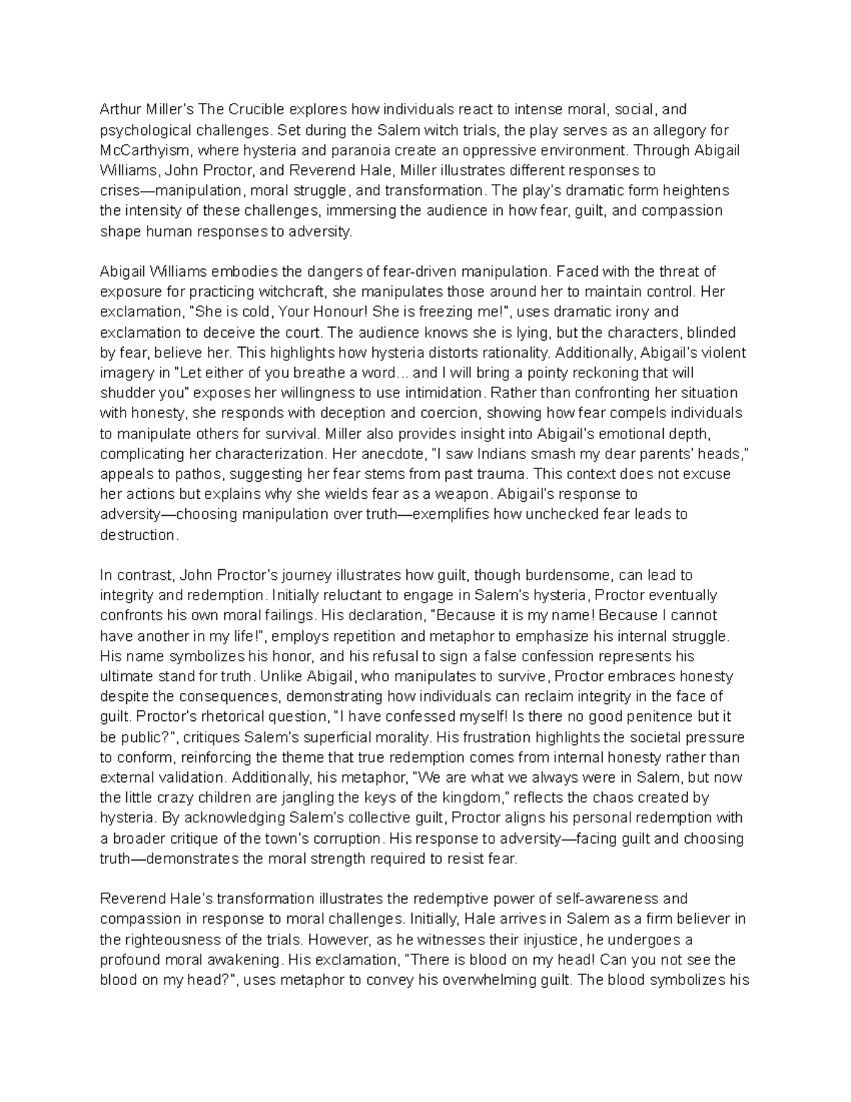 Paper 1 essay the crucible - Arthur Miller’s The Crucible explores how ...
