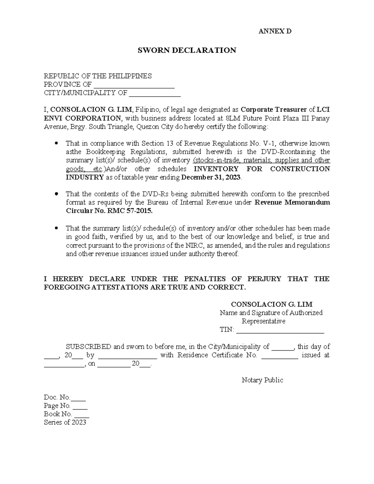 Annex D: Sworn Declaration of Inventory for Construction - 2023 - Studocu