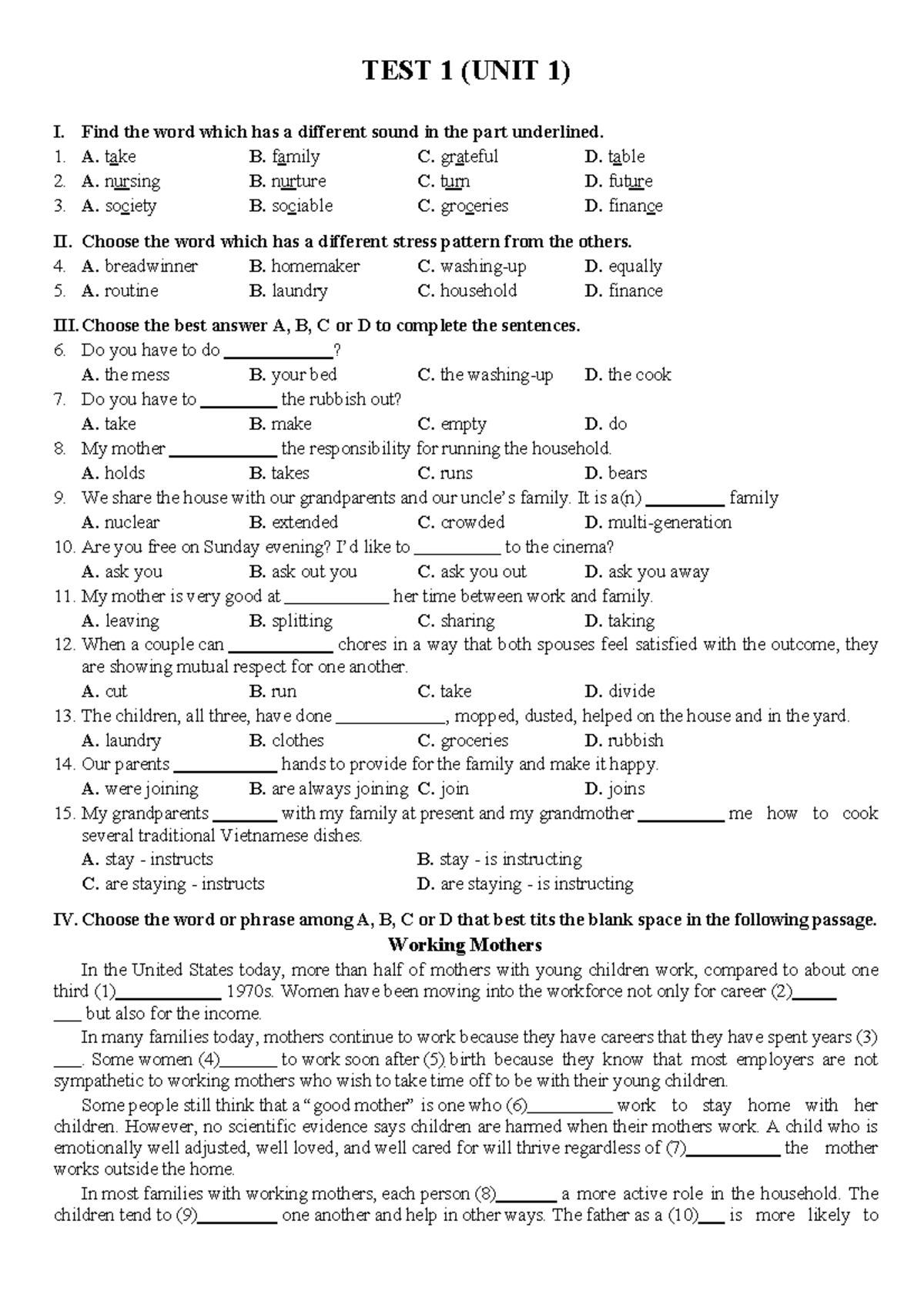 Unit 1 Test 1 - English Language Skills Assessment - Studocu