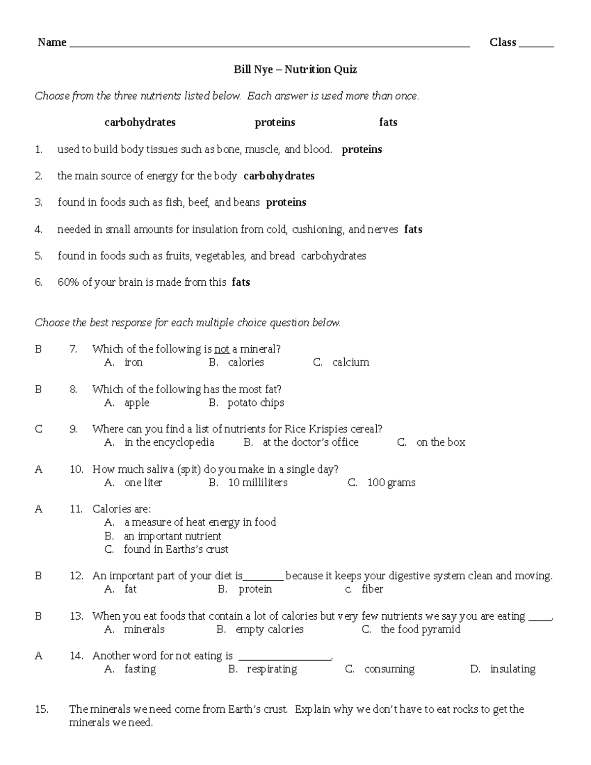 Bill Nye Nutrients Quiz Worksheet - Science Class Essentials - Studocu