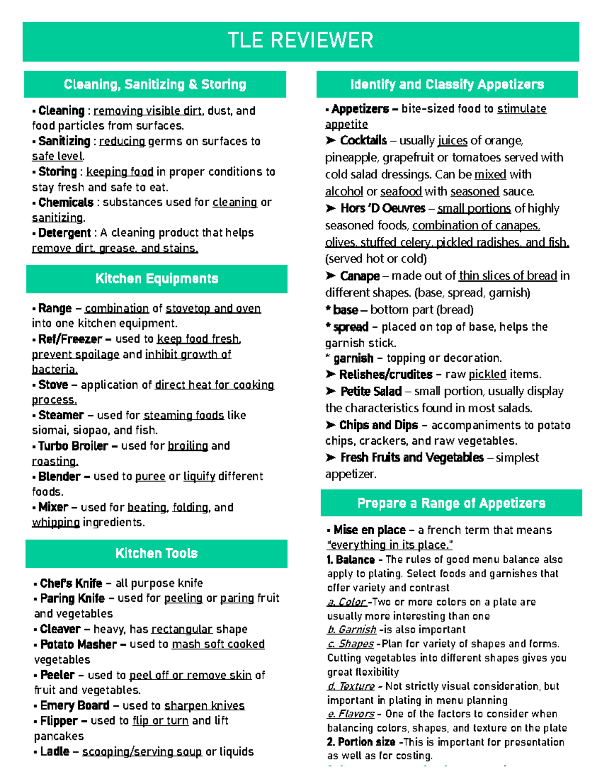 TLE Reviewer - FSafwEDFRWS: Cleaning, Sanitizing & Storing Appetizers ...