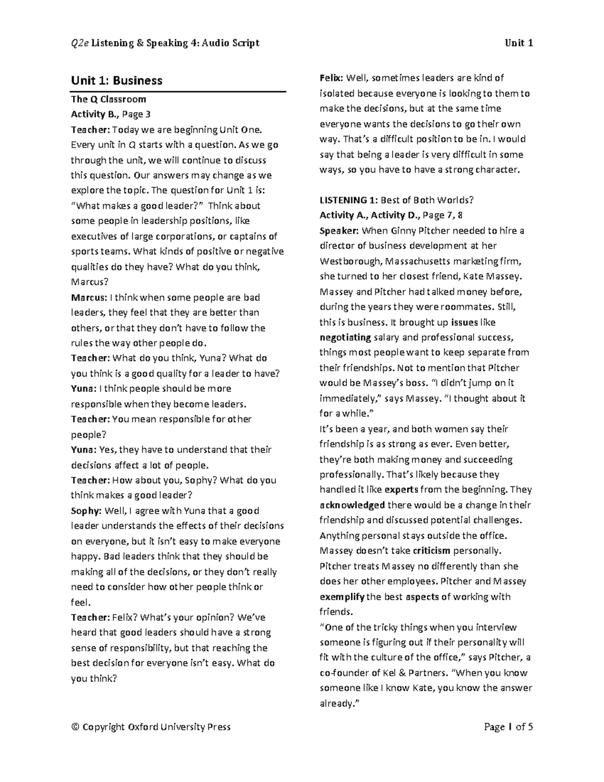 Qskill LS4 Unit 01: Exploring Leadership Qualities via Audio Script ...