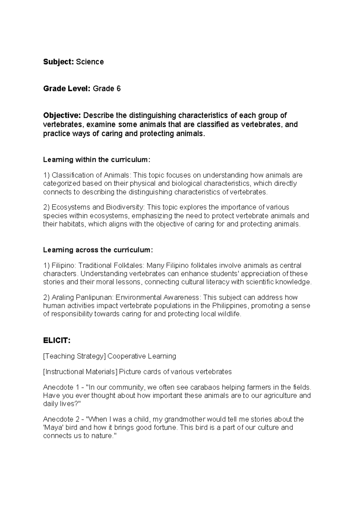 Grade 6 Science Lesson Plan: Exploring Vertebrates and Their Care - Studocu