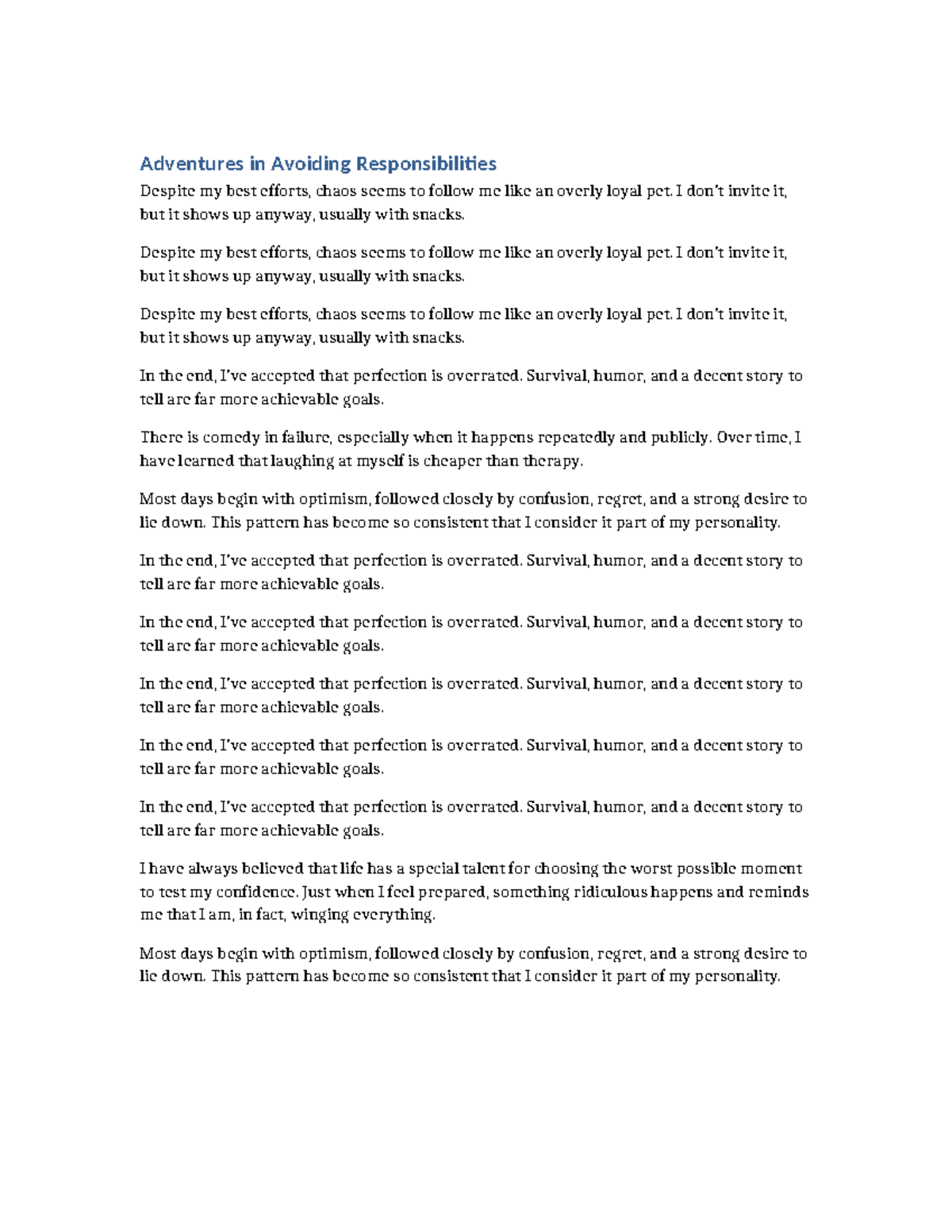 Humor and Chaos: Embracing Life's Imperfections - Studocu