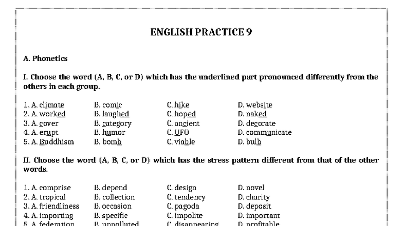 ENGLISH PRACTICE 9A: Phonetics, Vocabulary & Grammar Exercises - Studocu