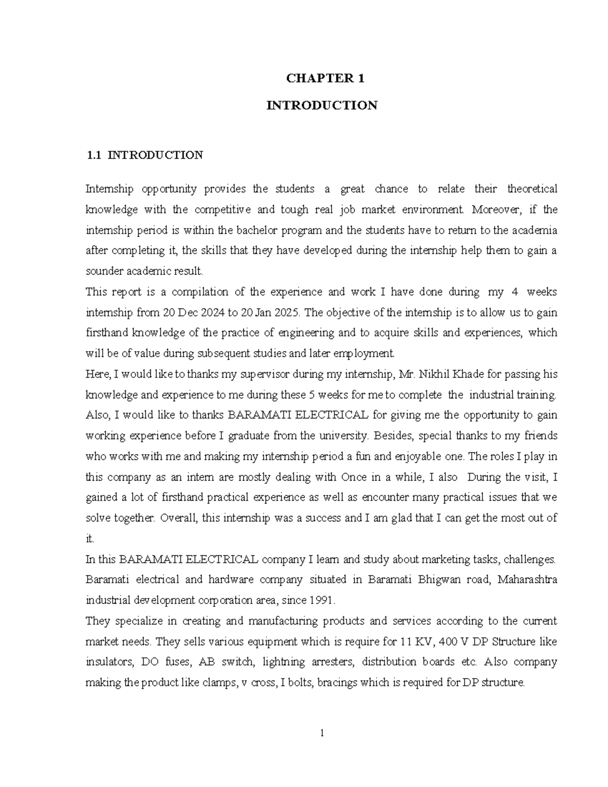Internship Report: Engineering Experience at BARAMATI ELECTRICAL - Studocu