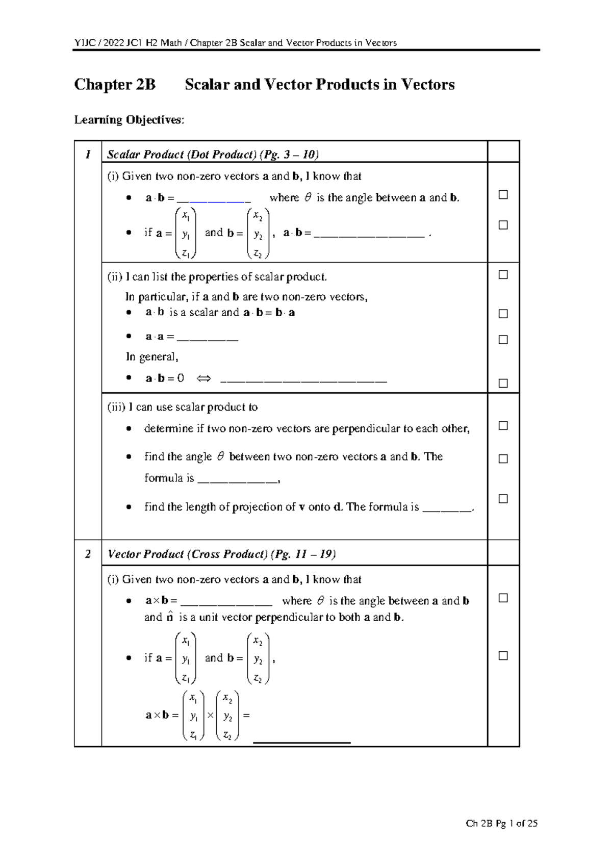 YIJC 2022 JC1 H2 Math Chapter 2B Notes on Scalar and Vector Products ...