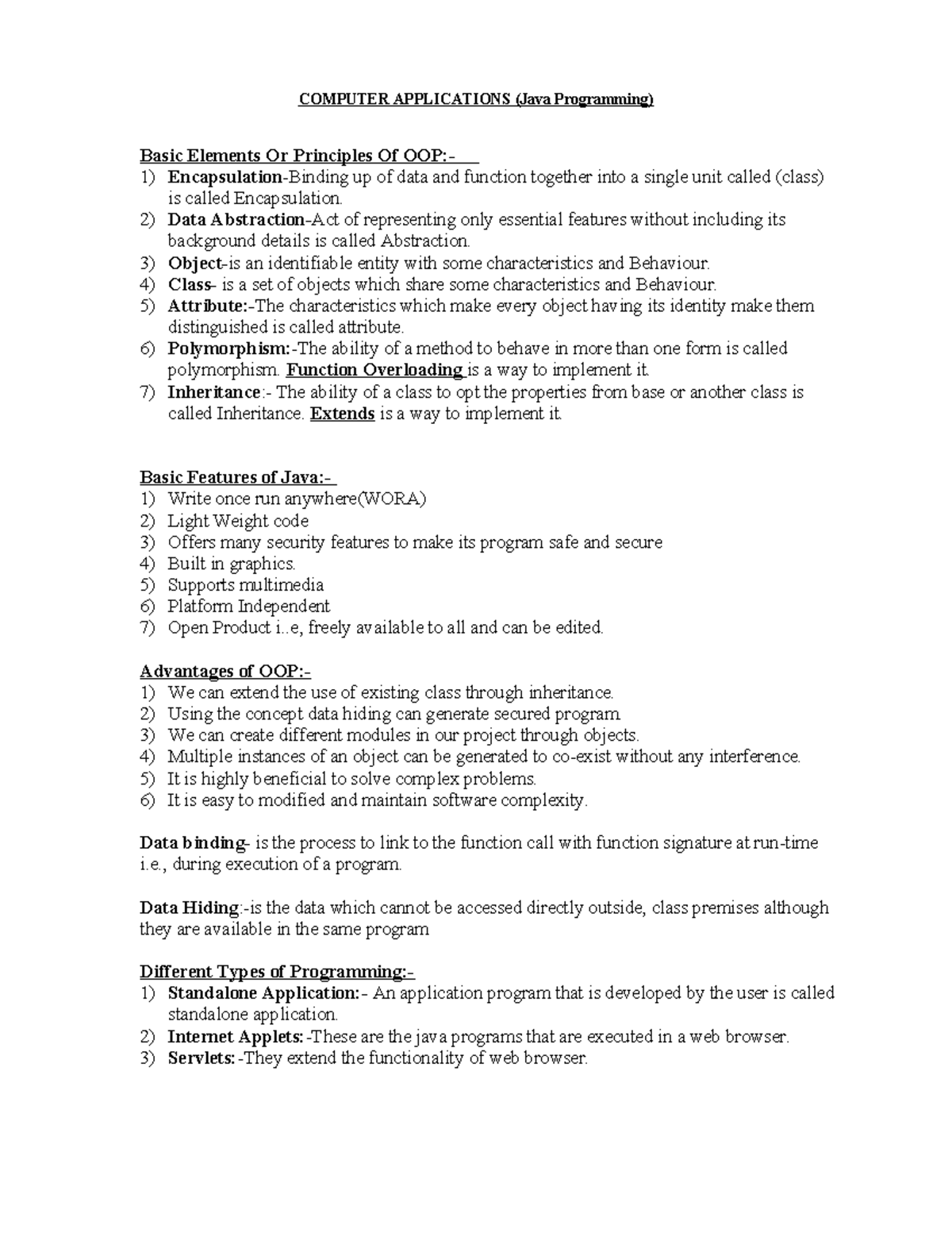 COMPUTER APPLICATIONS (Java Programming) OOP Principles and Features ...