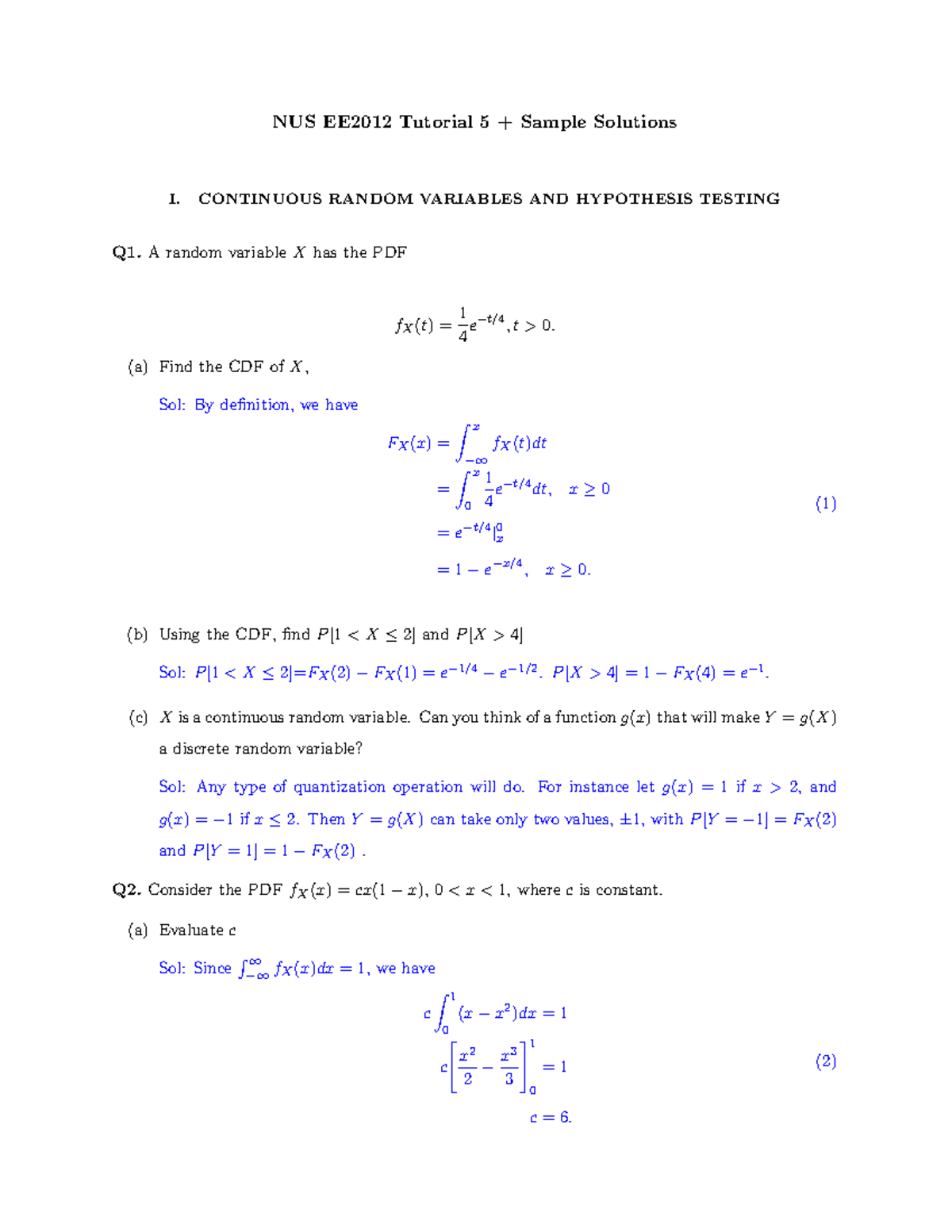 EE2012 Tutorial 5 Sample Solutions: Continuous Random Variables ...
