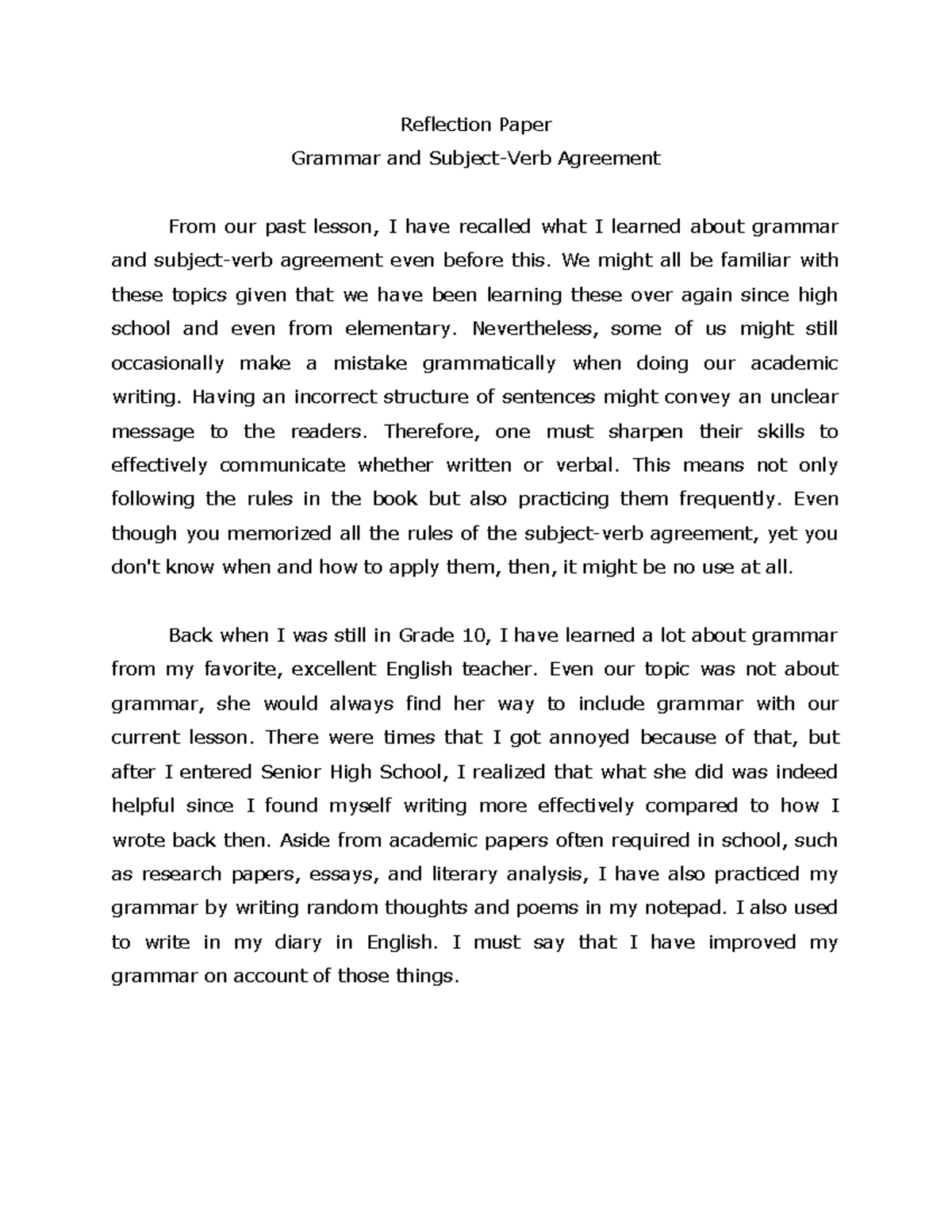 Week 2 Reflection - Reflection Paper Grammar and Subject-Verb Agreement ...