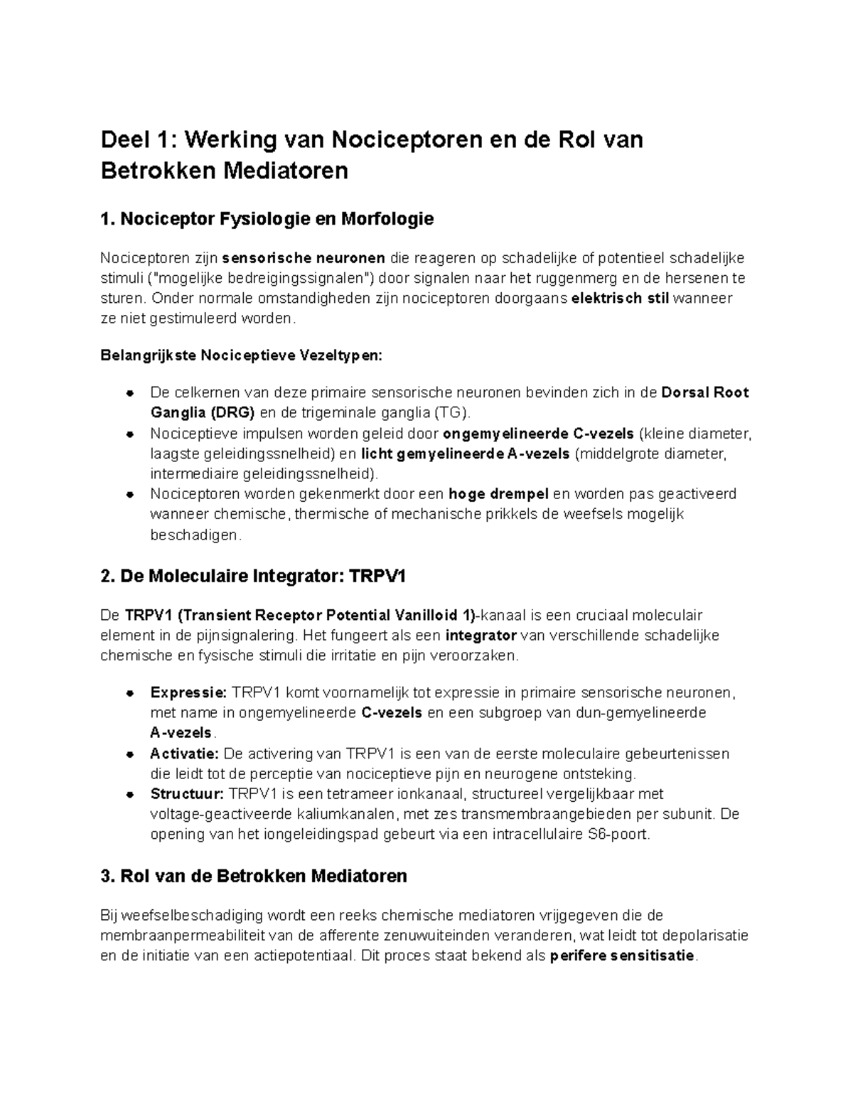 Deel 1: Werking van Nociceptoren en Betrokken Mediatoren - Studeersnel