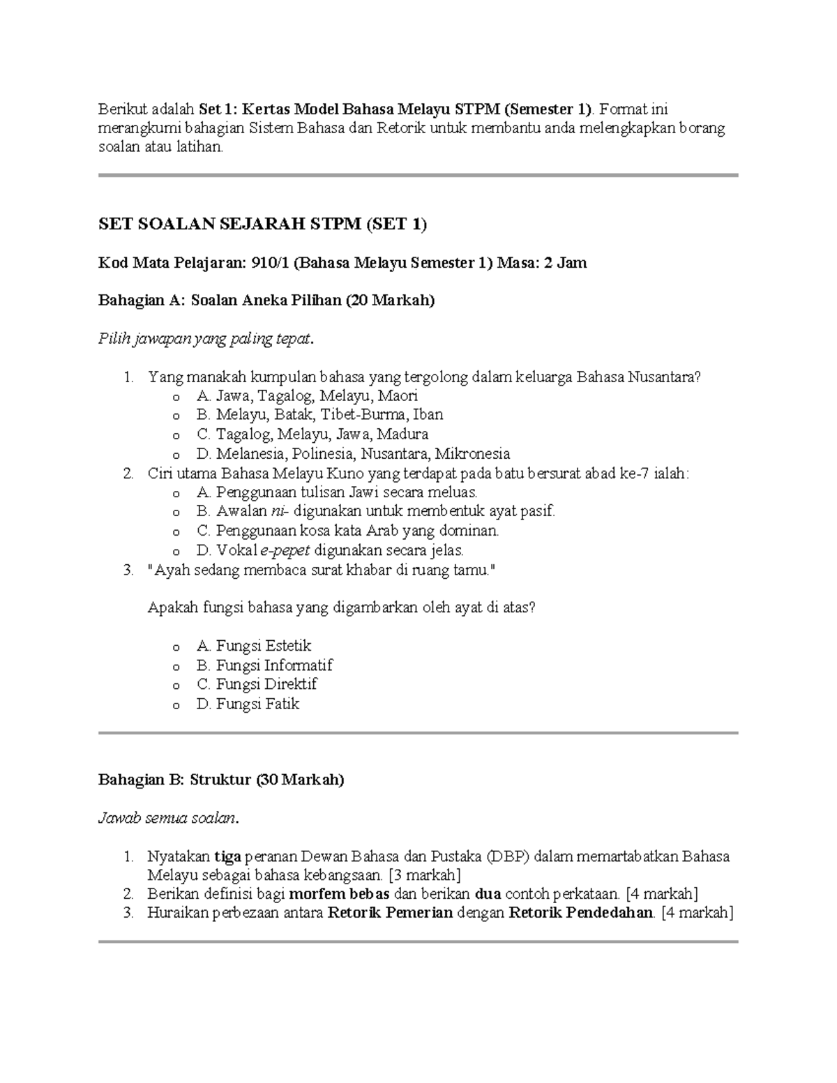 Kertas Model Bahasa Melayu STPM (Semester 1) - Set 1 - Studocu