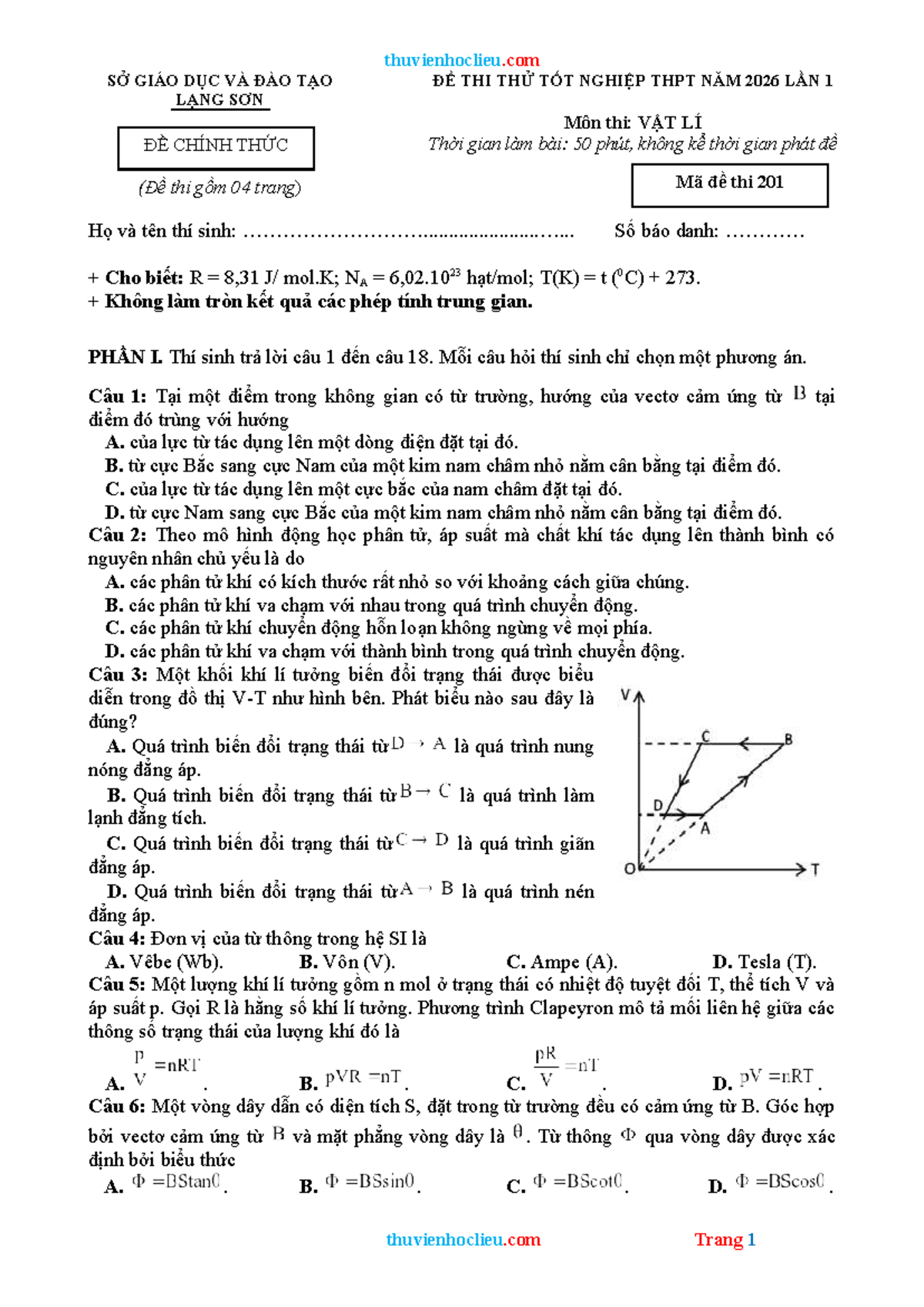 ĐỀ THI THỬ TỐT NGHIỆP THPT NĂM 2026 LẦN 1 MÔN VẬT LÍ Mã đề 201 - Studocu