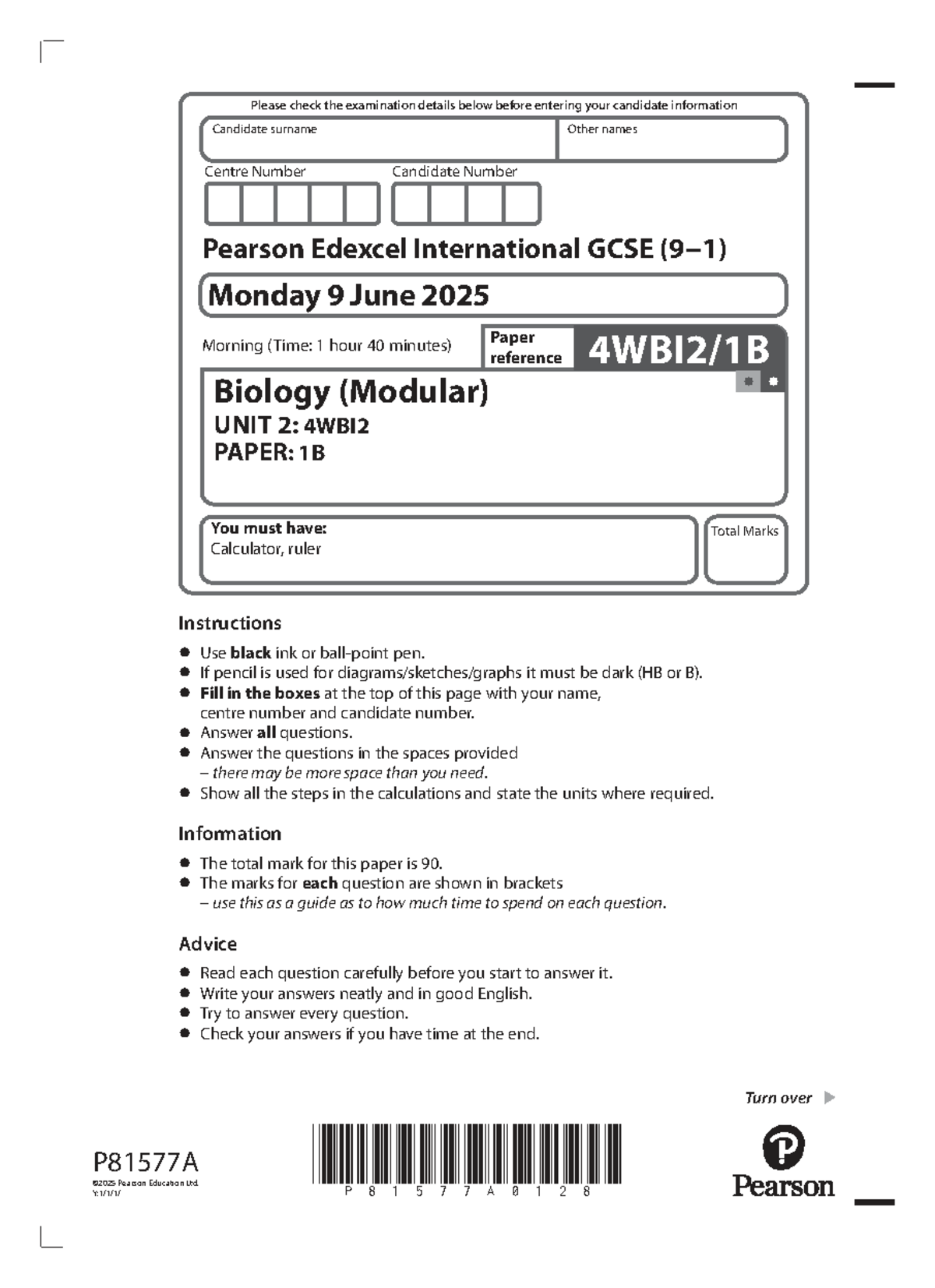 Biology (Modular) UNIT 2: 4WBI2 Exam Paper 1B - June 2025 - Studocu