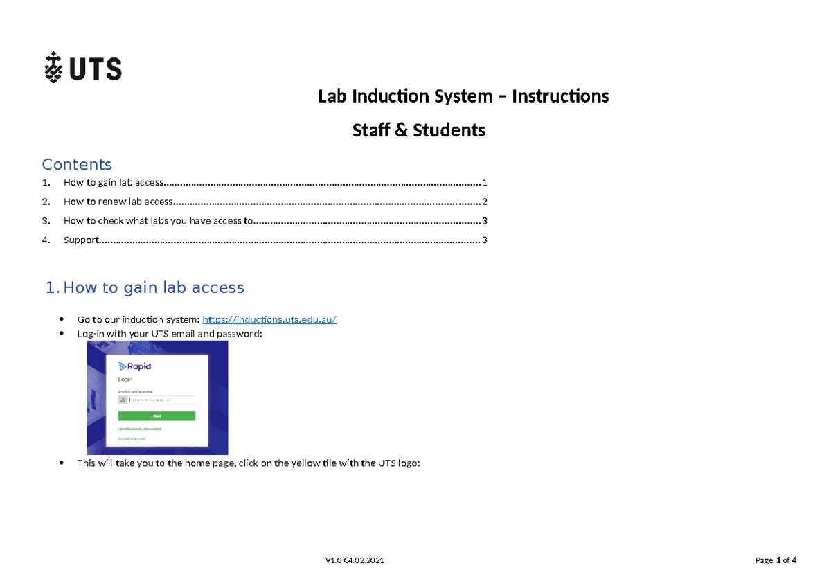 UTS Lab Induction System Instructions for Staff & Students - Studocu