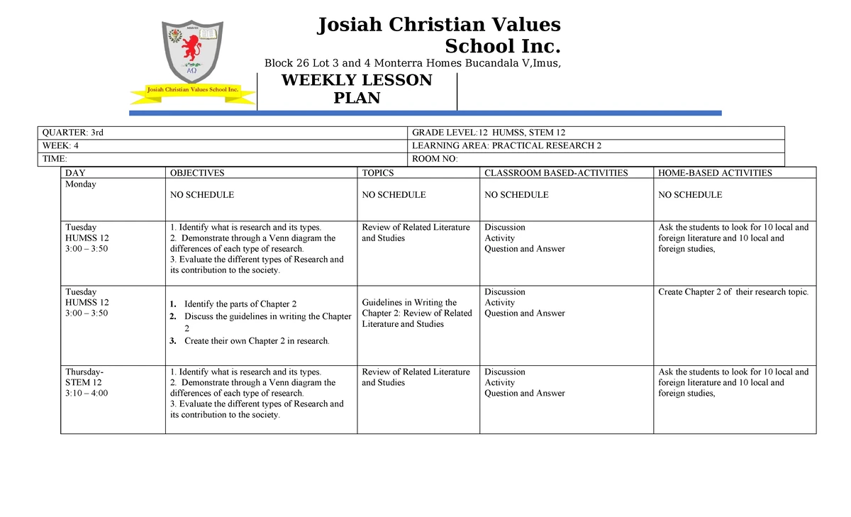 WEEK 4 PR1 - LESSON PLAN FOR 3RD GRADE HUMSS, ABM, STEM - Studocu