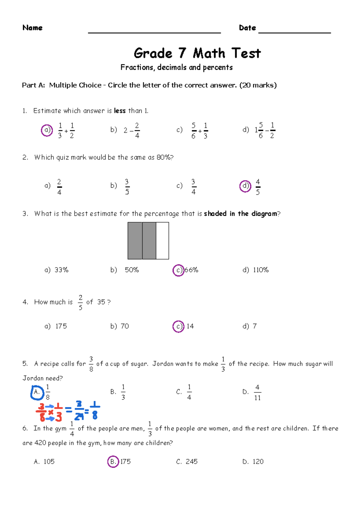Grade 7 Math Test: Fractions, Decimals & Percents (SAEC) - Studocu